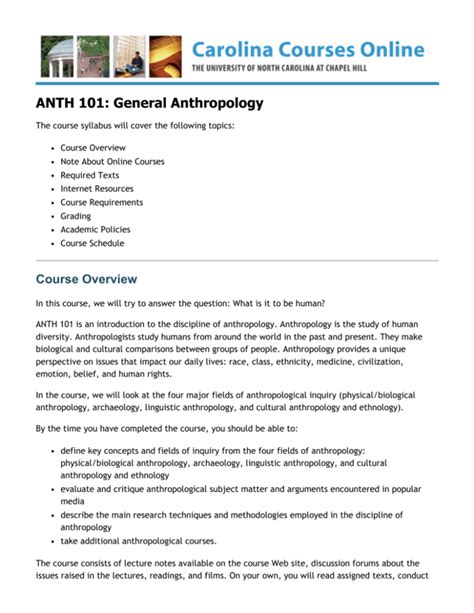 Anth 101 General Anthropology Course Syllabus