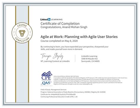 Certificate Of Completion Agile At Work Planning With Agile User Stories Pdf