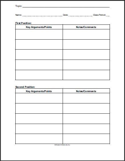Social Studies Printable Debate Notes Worksheet For Taking