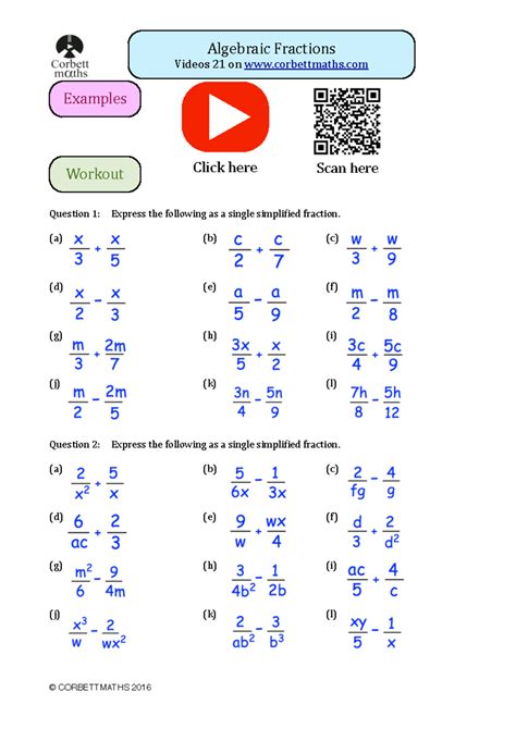 Adding Algebraic Fractions Pdf Videos 21 On Algebraic Fractions Corbettmaths Question 1