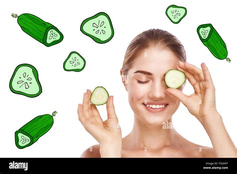 Natural Cucumber Face Mask Young Beautiful Woman Hiding Eye Behind Cucumber Slice Over While Natural Cucumber Face Mask Young Beautiful Woman Hiding Eye Behind Cucumber Slice Over While