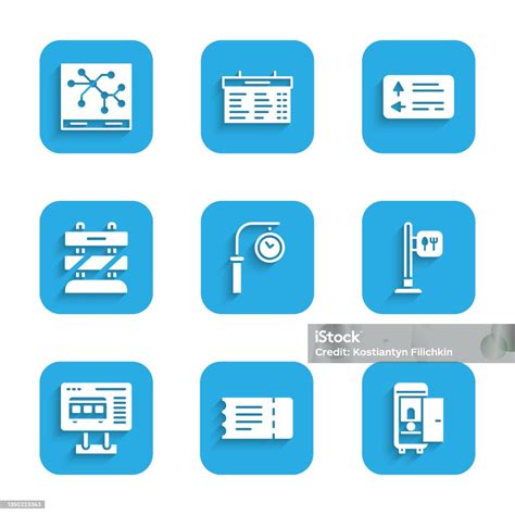 기차역 시계 티켓 화장실 기차 자동차 카페 및 레스토랑 위치 티켓을 구입하는 티켓 사무실 철도 트랙을 종료 도로 교통 표지판 및 철도지도 아이콘 벡터 가정의 방에 대한 스톡