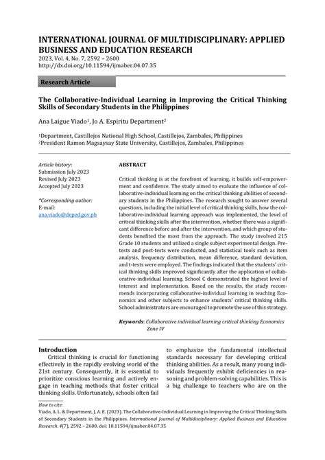 Pdf The Collaborative Individual Learning In Improving The Critical Thinking Skills Of