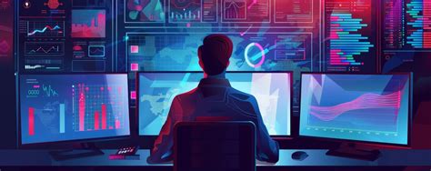 Back View Of A Person Working On Multiple Computer Screens Displaying Data And Graphs In A