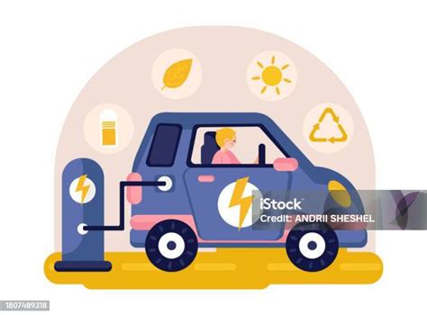 전기 자동차에 앉아 충전소에서 충전하는 남성 전기 모터를 이용한 친환경 운송 기계류에 대한 스톡 벡터 아트 및 기타 이미지