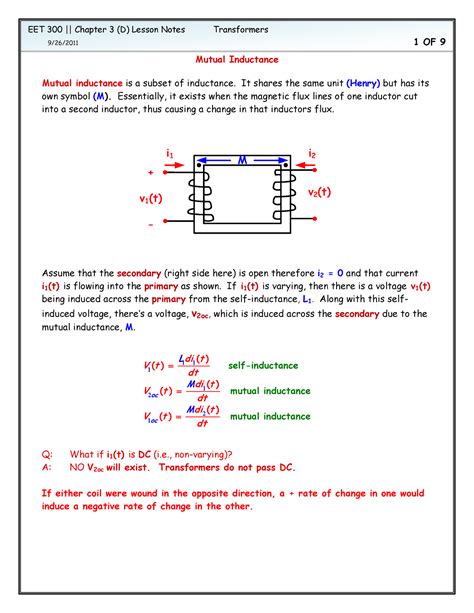 Transformers Lecture Notes 3 Eet 300 Chapter 3 D Lesson Notes Transformers 1 Of 9 Mutual