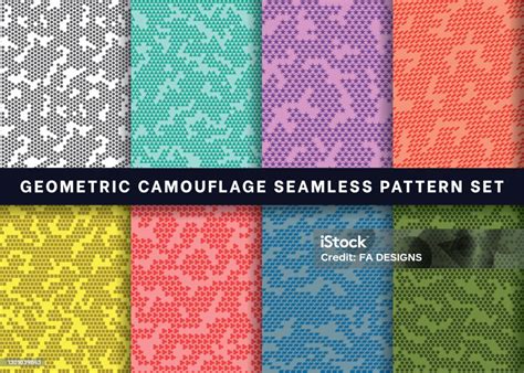 기하학적 모양을 사용한 원활한 위장 패턴 컬렉션 패브릭 및 섬유 인쇄용 위장 추상 패턴 벡터 세트 저지 프린트 포장지 배경 및
