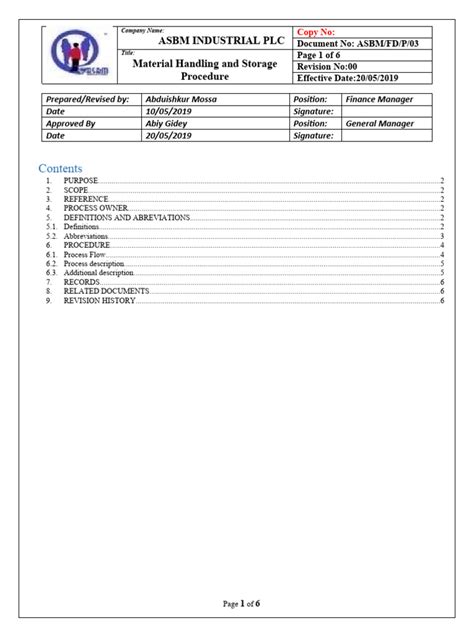 Material Handling And Storage Procedure Pdf Business