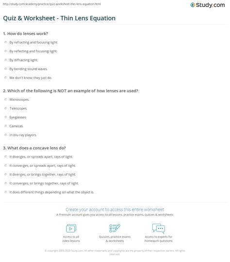 Quiz And Worksheet Thin Lens Equation