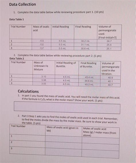 Solved Data Collection 1 Complete The Data Table Below