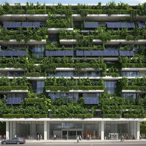 Modern Multi Story Building Facade Covered In Lush Greenery And