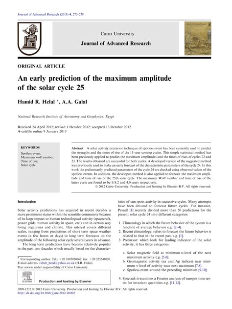 Pdf An Early Prediction Of The Maximum Amplitude Of The Solar Cycle 25