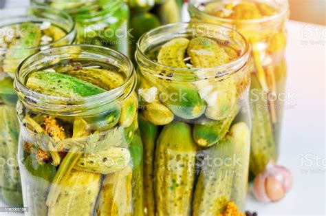 절인 야채 항아리 허브와 향신료 녹색 파슬리 마늘 딜 유기농 작은 오이 절인 통조림 식품 가을에 대한 스톡 사진 및 기타 이미지 Istock