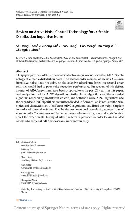 Review on Active Noise Control Technology for α Stable Distribution Impulsive Noise Request PDF