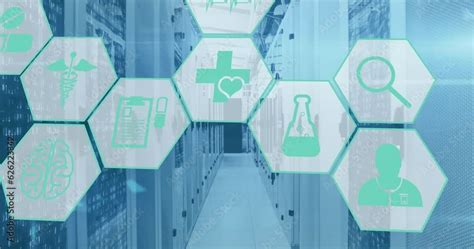 Animation Of Icon In Hexagon Pattern Over Binary Codes And Lens Flares