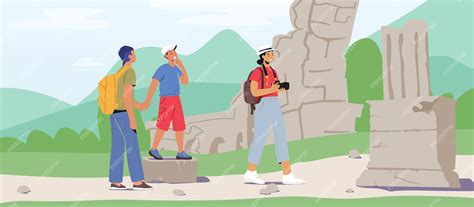 Premium Vector Male And Female Tourist Characters Visit Sightseeing