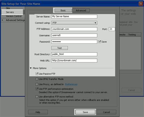 configure main domain server settings in dreamweaver cs5 web hosting hub