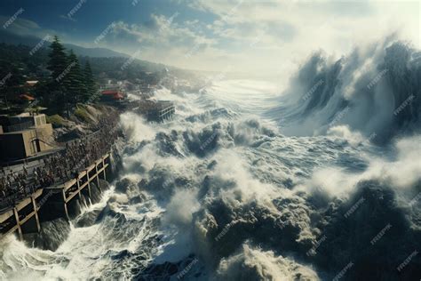 Premium Photo Tsunami Impact Massive Waves Crashing Onto A Shoreline Causing Widespread