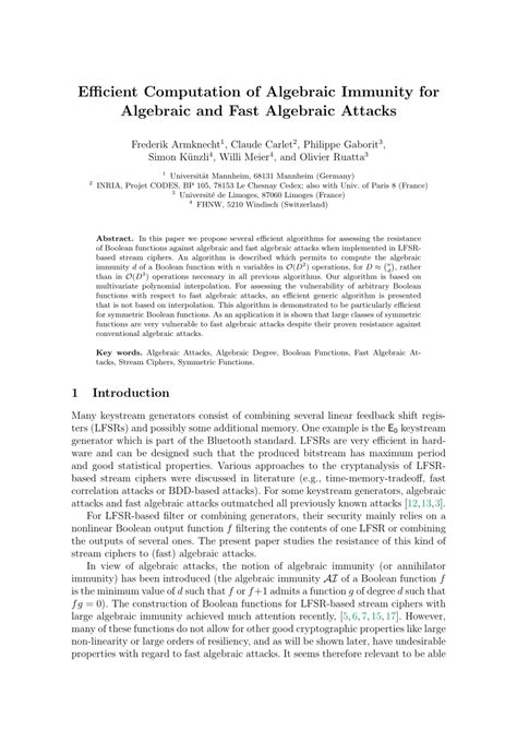 Pdf Eﬃcient Computation Of Algebraic Immunity For Algebraic And Fast