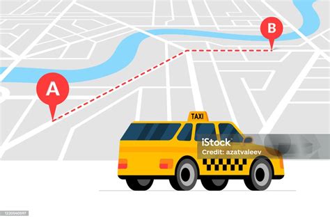 택시 주문 및 내비게이션 서비스 개념 아이소메트릭 시티 지도와 노란색 택시에 지오 태그 Gps 위치 핀 도착 주소와 B 경로 택시 플랫 벡터 일러스트 받기 도로지도에 대한
