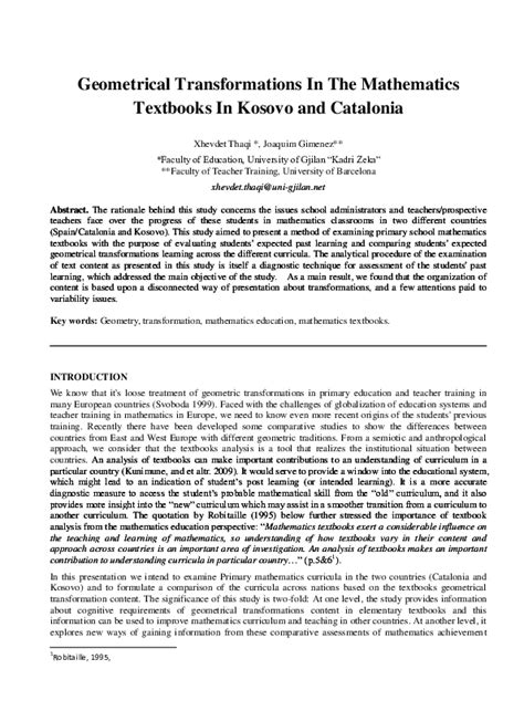 Pdf Geometrical Transformations In The Mathematics Textbooks In Kosovo And Catalonia