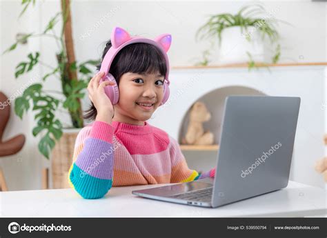 Smiling Little Asian Girl Have Video Call Distant Class Teacher — Stock