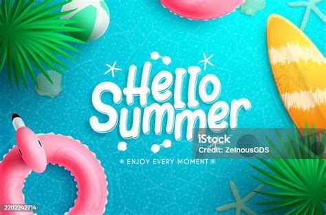 여름 시즌 벡터 배경 디자인입니다 떠 다니는 요소가있는 바닷물에 담긴 Hello Summer 텍스트 3차원 형태에 대한 스톡 벡터 아트 및 기타 이미지 Istock