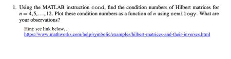 Solved 1 Using The Matlab Instruction Cond Find The