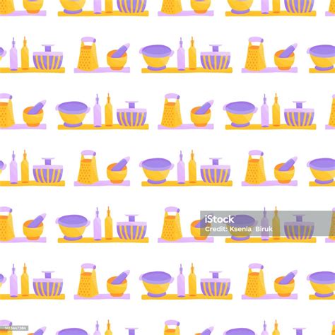 다채로운 주방 도구를 갖춘 원활한 패턴 스페이드 나이프 주걱 커팅 보드 매셔 깔때기 강판 롤링 핀 숟가락 컵 강철에 대한 스톡 벡터 아트 및 기타 이미지 Istock