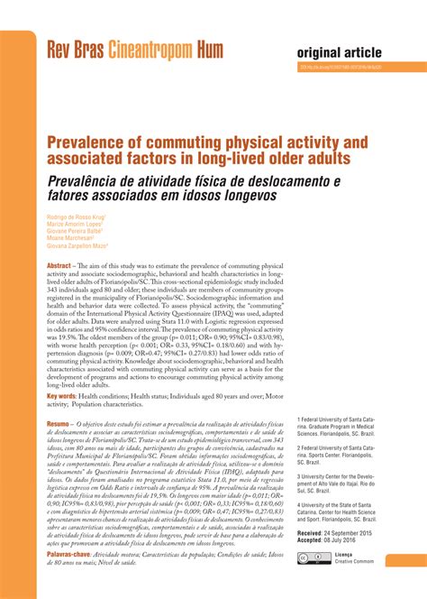 Pdf Prevalence Of Commuting Physical Activity And Associated Factors In Long Lived Older Adults