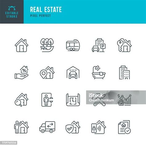 Real Estate 벡터 선형 아이콘 세트입니다 완벽한 픽셀 편집 가능한 획 세트에는 부동산 집 부동산 중개인 공원 지하철역 주차장 주차장 집 열쇠 모기지 대출 건축 계획