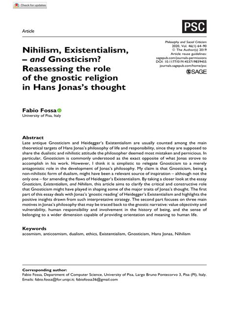 Fossa F Niilism Existentialism And Gnosticism Ressessing The Role