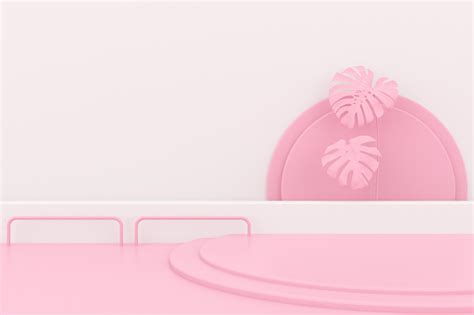 둥근 연단과 분홍색 몬스터 공장 파스텔 색상의 기하학적 형태와 건축 모형 디자인 제품 프리젠 테이션최소한의 추상적 인 장면 3d 렌더링 0명에 대한 스톡 사진 및 기타