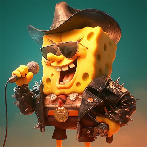Premium Photo Cartoon Spongebob Singing Into A Microphone With A Hat And Leather Jacket