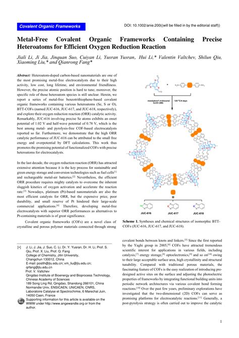 Pdf Metal Free Covalent Organic Frameworks Containing Precise Heteroatoms For Efficient Oxygen