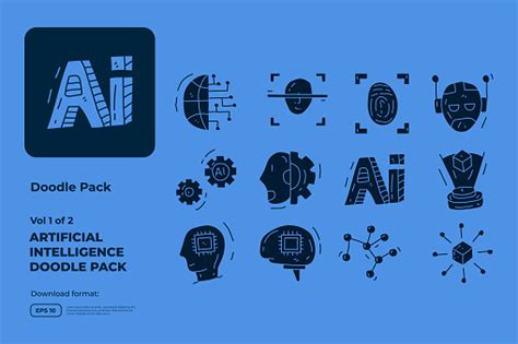 엔지니어링 개발 브레인스토밍을 위한 회로 기판 데이터와 브레인 칩이 있는 인공 지능 Ai 개념 손으로 그린 낙서 아이콘 세트 벡터 대담한 솔리드 스타일 벡터 일러스트레이션