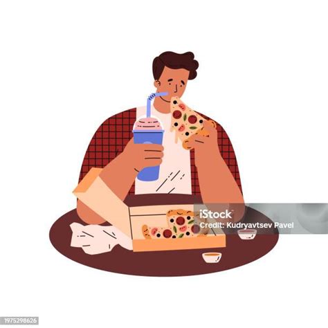 피자와 소다를 먹는 남자 배고픈 캐릭터 폭식 섭식 장애 패스트 푸드 중독 벡터 일러스트 레이 션 고립 과식에 대한 스톡 벡터