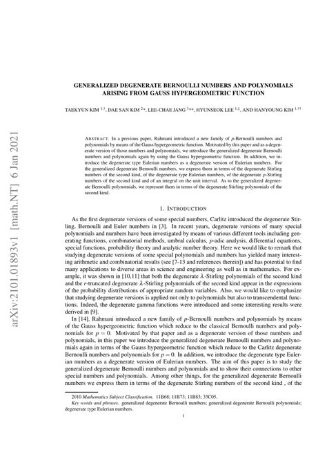 Pdf Generalized Degenerate Bernoulli Numbers And Polynomials Arising From Gauss Hypergeometric