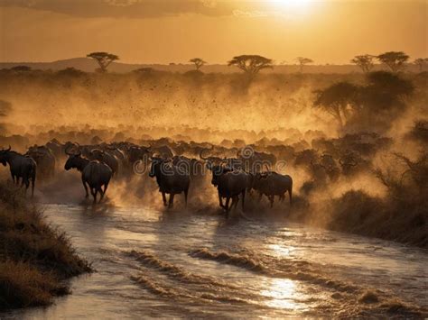 Great Wildebeest Migration River Crossing At Sunset Stock Image