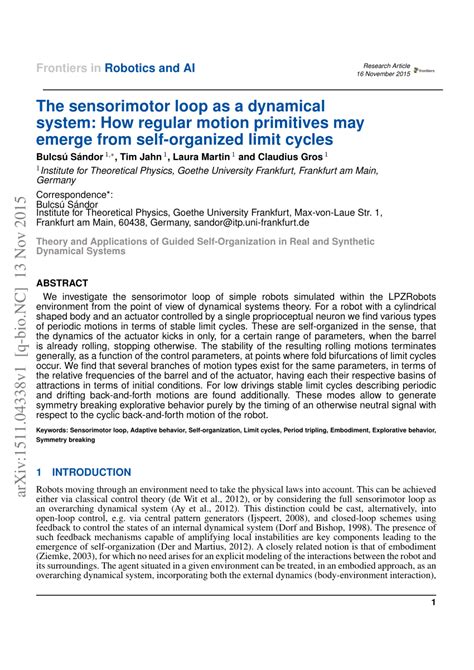 Pdf The Sensorimotor Loop As A Dynamical System How Regular Motion Primitives May Emerge From