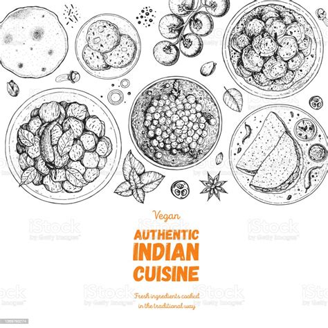 인도 음식 일러스트레이션 손으로 그린 스케치 인도 요리 낙서 컬렉션 벡터 그림입니다 메뉴 배경입니다 각인 된 스타일 인도 탈리 난 빵 팔라크 파니어 바다 포장으로 세팅된