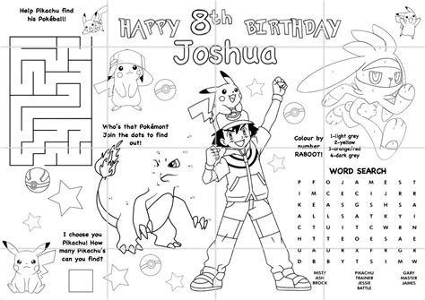 Digital Pokemon Birthday Activity Page Colouring Sheet Place Mat