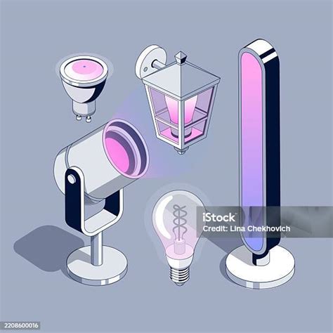 최신 Ai 제어 설비를 사용한 스마트 조명 컬렉션 아이소메트릭 램프 세트 스포트 라이트 벡터 일러스트 레이 션 0명에 대한 스톡 벡터 아트 및 기타 이미지 Istock