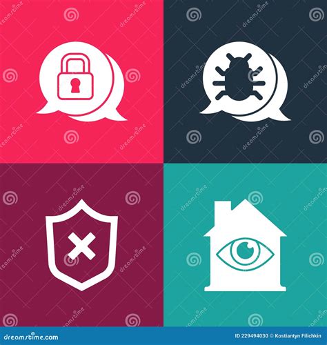 Set Pop Art House With Eye Scan Shield Cross Mark System Bug And