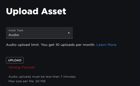 audio file won t upload platform usage support developer forum roblox