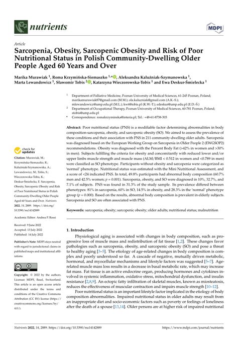 Pdf Sarcopenia Obesity Sarcopenic Obesity And Risk Of Poor