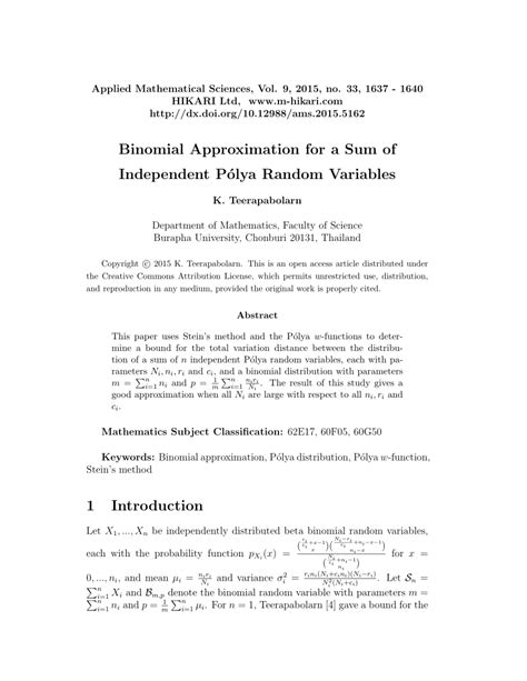 Pdf Binomial Approximation For A Sum Of Independent Pólya Random Variables