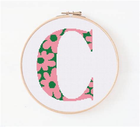 Letter C Cross Stitch Alphabet Pattern Floral Monogram Counted Cross Stitch Initial