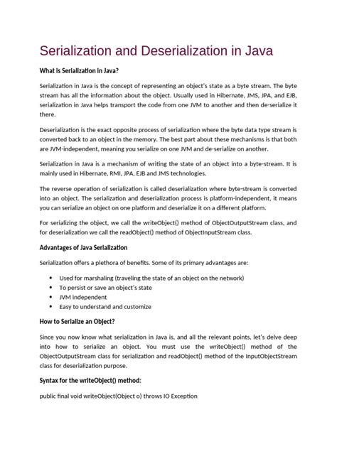 Serialization And Deserialization In Java 1 Pdf Java Programming