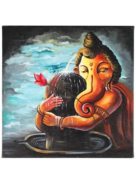Lord Ganesha With Shivalinga Oil Painting On Canvas Cloth Exotic